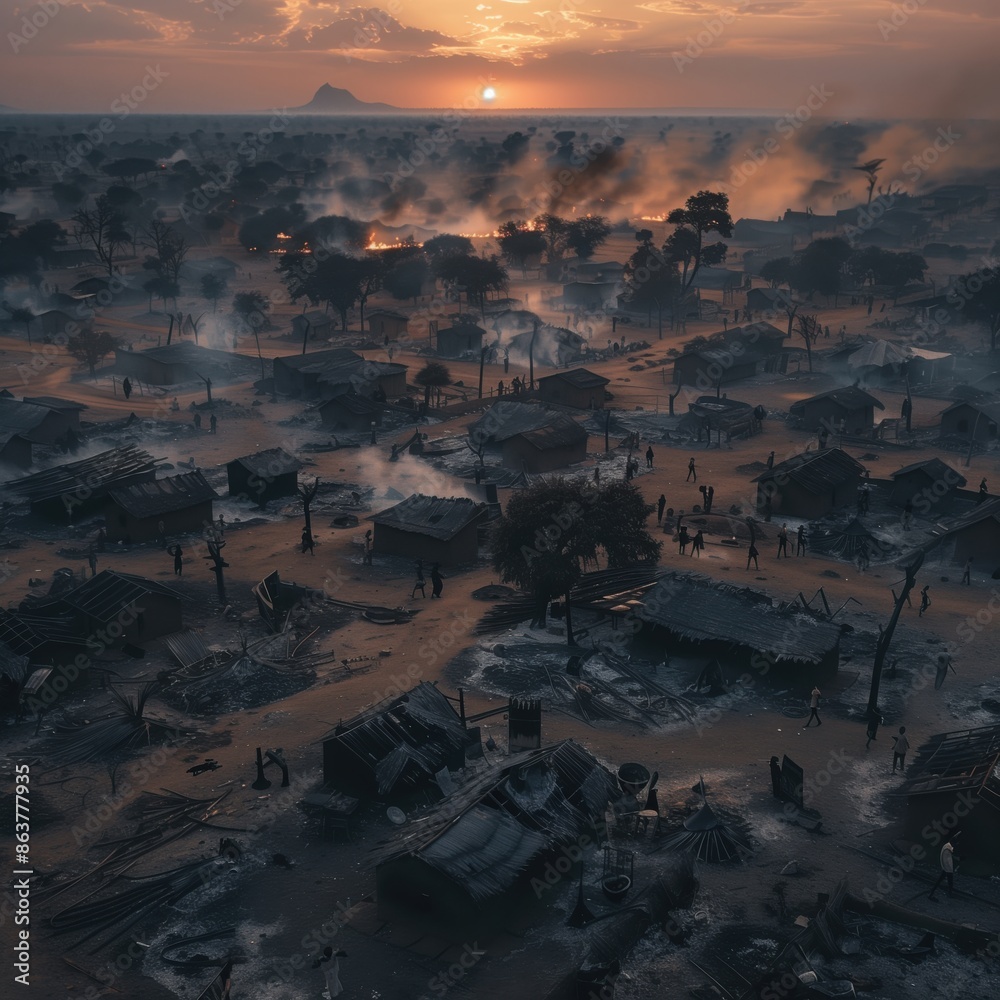A devastated village with burnt homes and displaced people fleeing ...