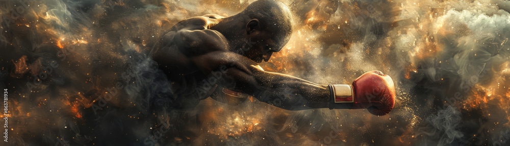 Dynamic image of a boxer throwing a powerful punch amidst a smoky ...
