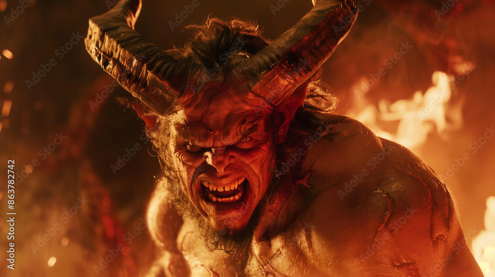 fantasy scary angry Satan monster creature from hell fire with big horn ...