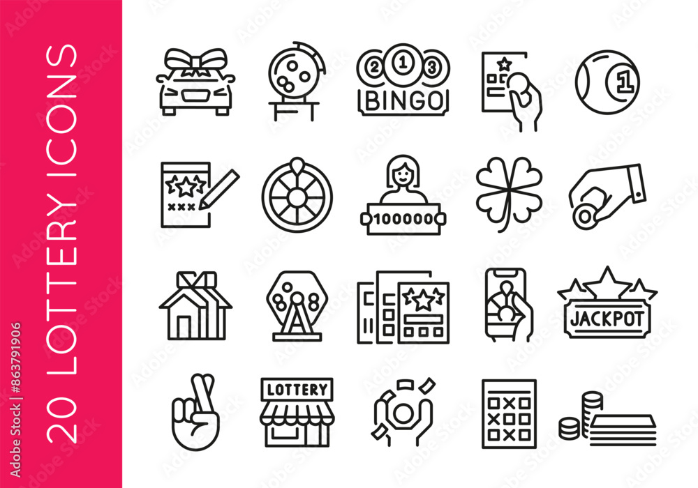 Lottery Icons. Set of 20 lottery-themed trendy minimal icons. Bingo ...