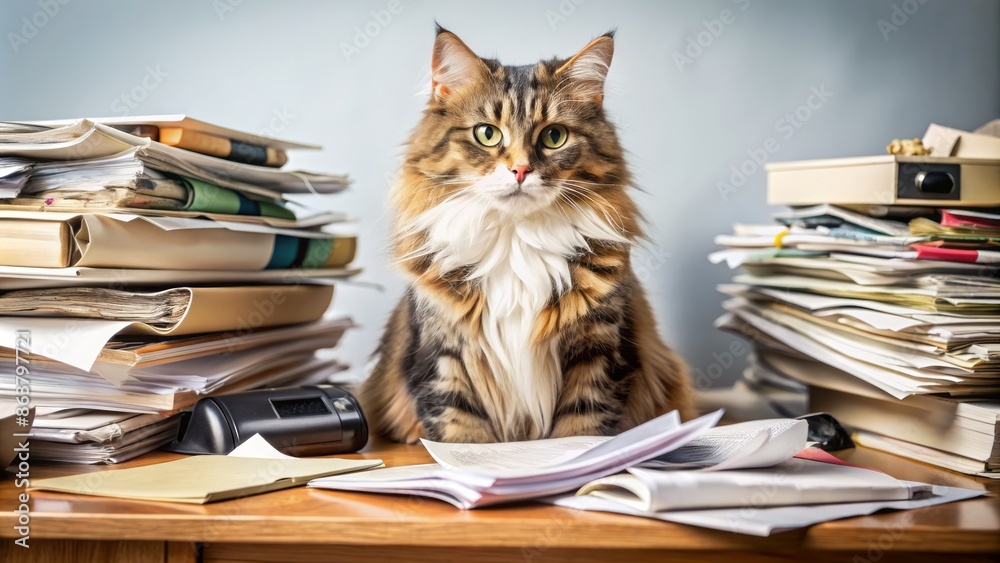 Frazzled feline office assistant overwhelmed by piles of paperwork ...