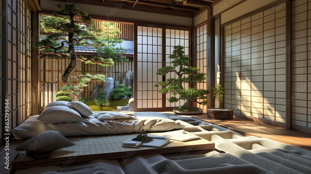 A guest room with a traditional Japanese design, featuring a low futon ...