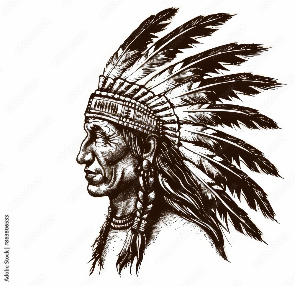 Sketch engraving icon of Indian chief head and traditional eagle ...