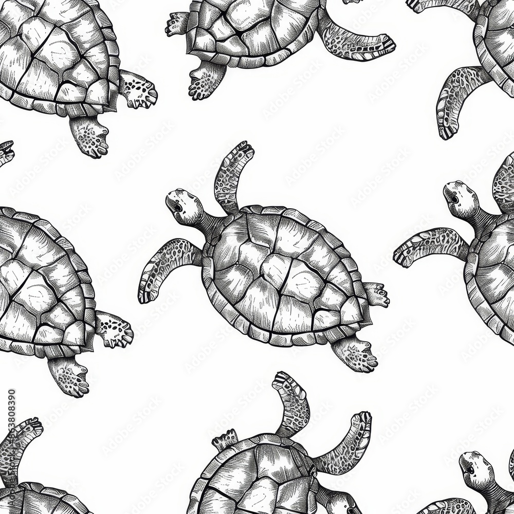 Sketches of turtles, terrapins and tortoises with shells, flippers, and ...