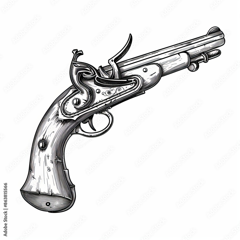 Old musket duel gun weapon of pirates and cowboys isolated monochrome ...