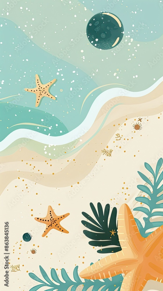 "Cartoon Style Beach Sand with Starfish and Sea Plants, Perfect for ...