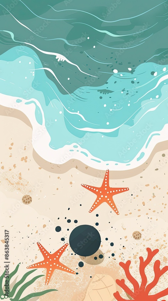 "Cartoon Style Beach Sand with Starfish and Sea Plants, Perfect for ...