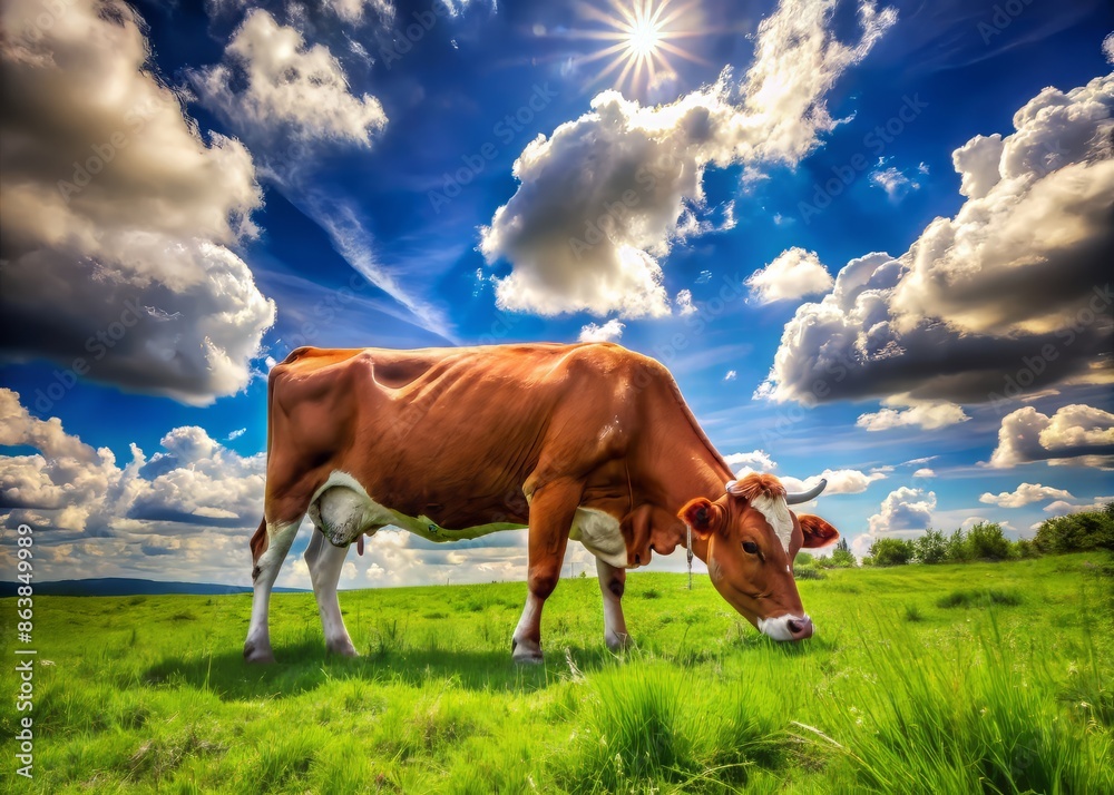 Serene scene of a majestic brown cow grazing peacefully in a lush green ...