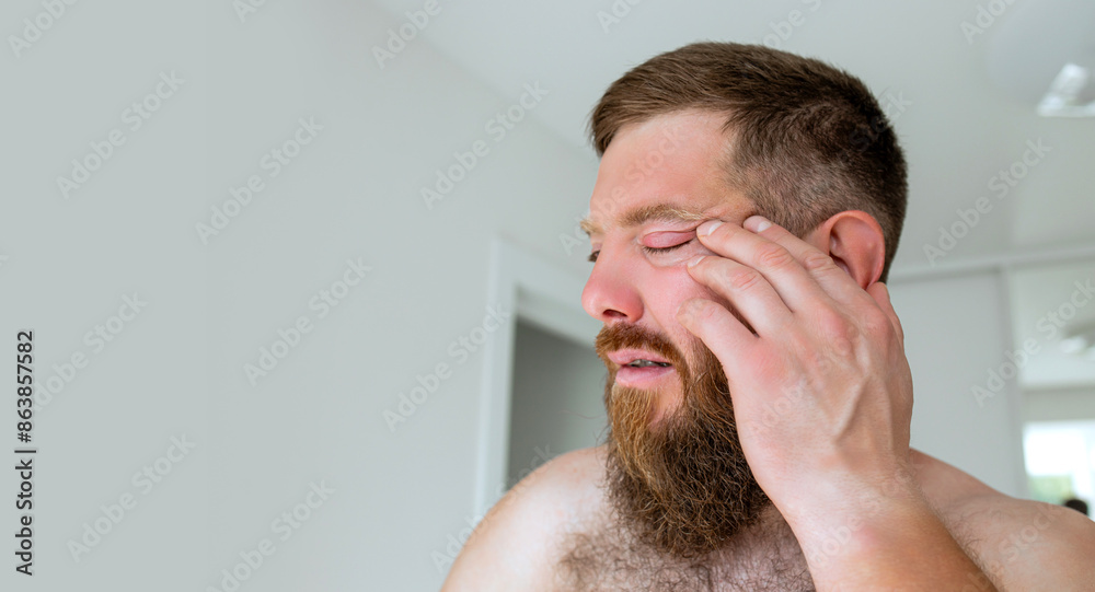 Male patient's infected eye. The blue-eyed bearded man staring at the ...