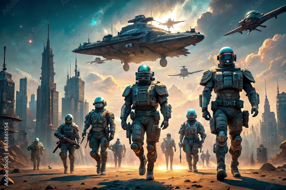 Cyberpunk soldiers city patrol - 3D illustration of science fiction ...