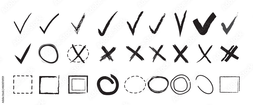 Doodle hand drawn chalk check mark set. sketch checkboxes, tick and cross symbols. tick cross ...