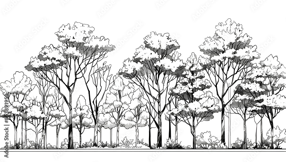 Illustration Stock Architectural Drawings, Minimal style cad tree line drawing, Side view, set ...