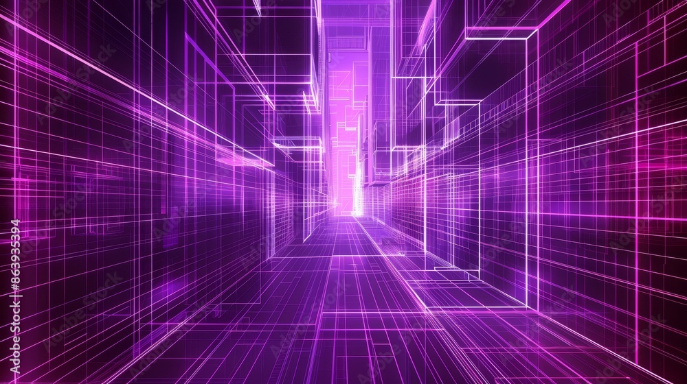 An animated flow of lines moving through purple building silhouettes in ...
