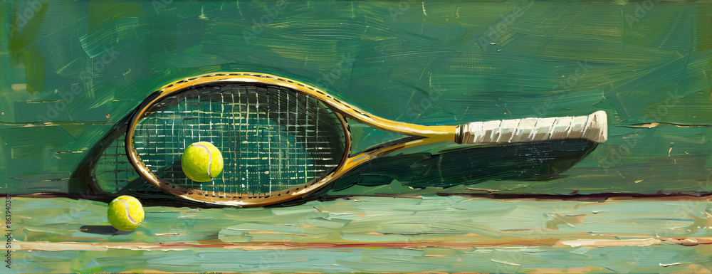 Elegant oil painting of a tennis ball and vintage racket from the side ...
