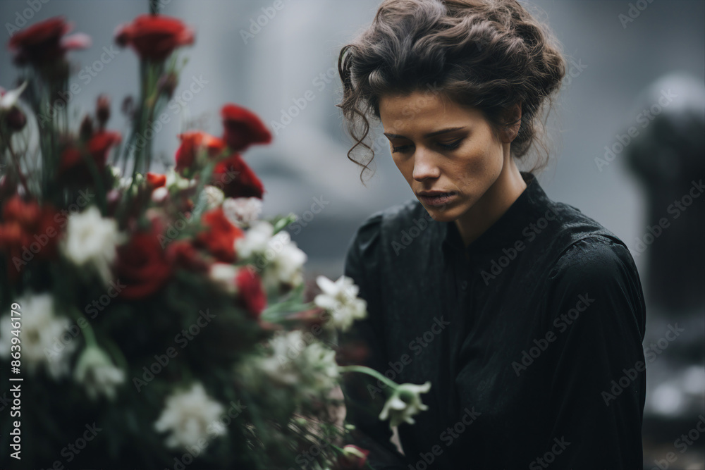 Generative AI portrait of mourning young woman in cemetery grief and ...