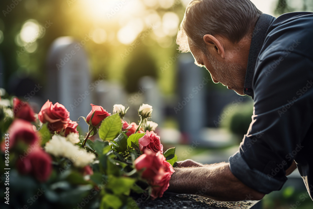 Generative AI picture of christian man crying next to a grave with a ...