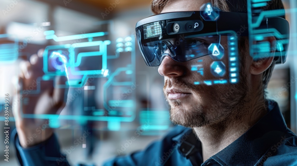 AR glasses on a man project digital interfaces and graphs, illustrating ...