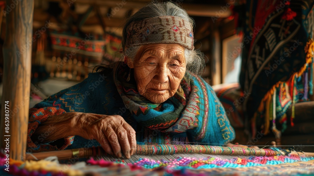 Elderly Mapuche Woman Weaving Blanket in Traditional Attire in Temuco ...