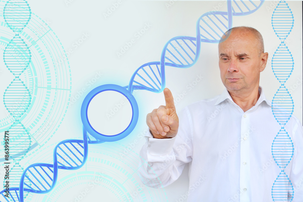 DNA spiral, helix structure rotates front person, representing human ...