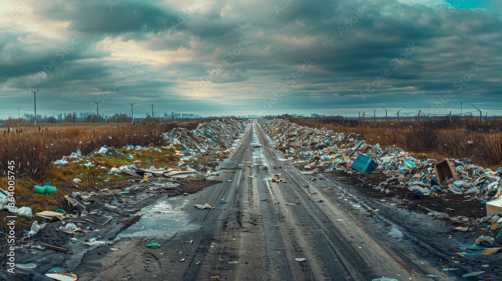 Isolated road leading to an immense garbage heap of plastic, capturing ...