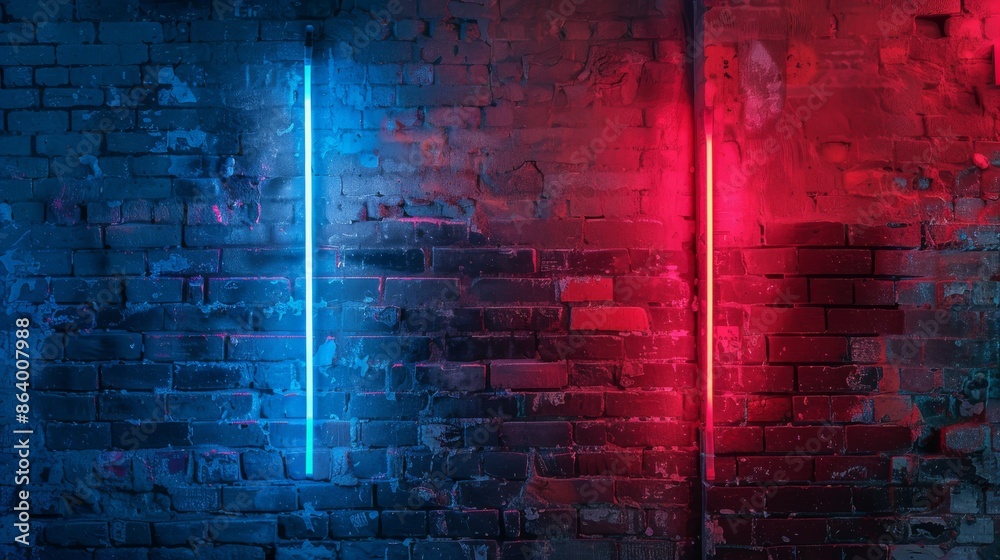 A striking photograph of a brick wall illuminated by two vertical neon ...