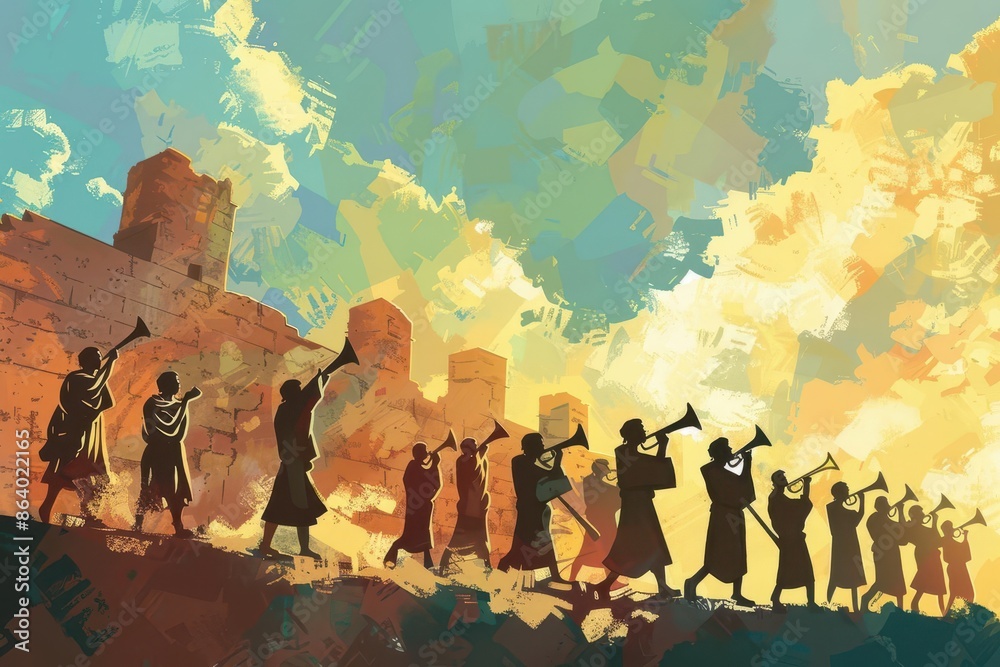 vector illustration of jerichos walls crumbling israelites marching ...