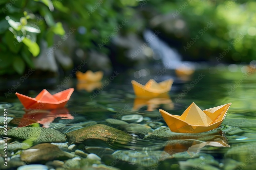 Origami boats floating down a clear stream, symbolizing the journey and ...