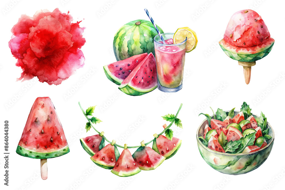 set of six cliparts of watermelon food, juice, salad, splash, ice-cream ...