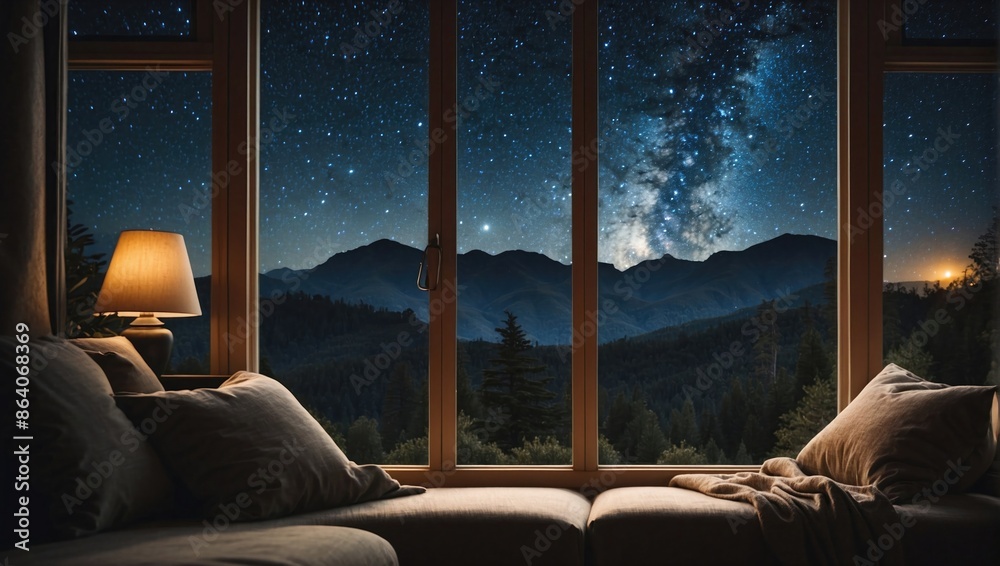 Starry night sky with the Milky Way viewed through a cozy window with a ...