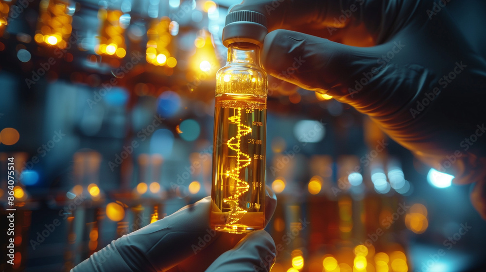 Scientist holding vial with liquid conducting genetics research ...