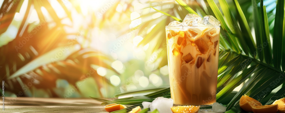 Iced coffee latte background with a tropical twist. A glass of iced ...