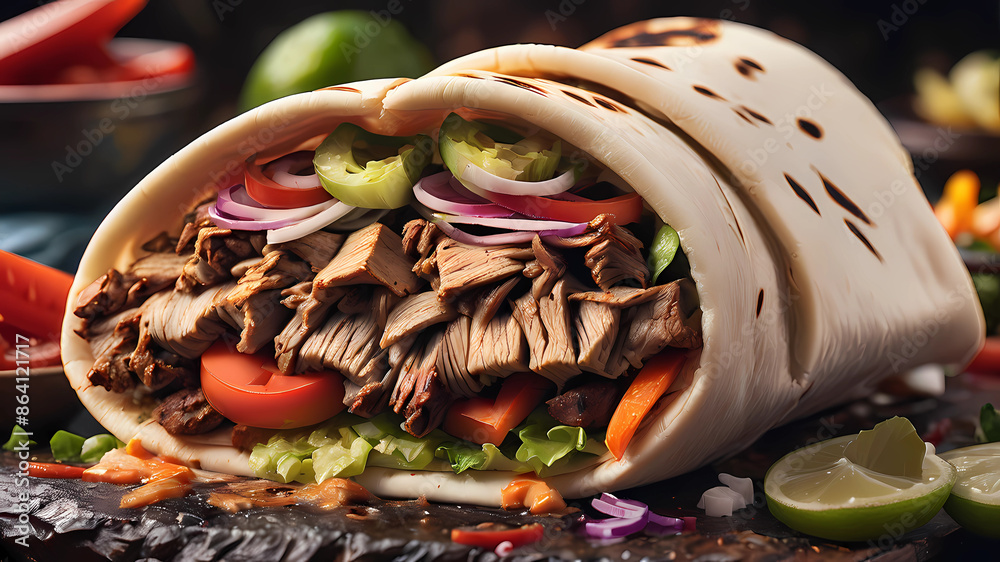 imagining a mouthwatering shawarma, close-up, food photography, vibrant ...