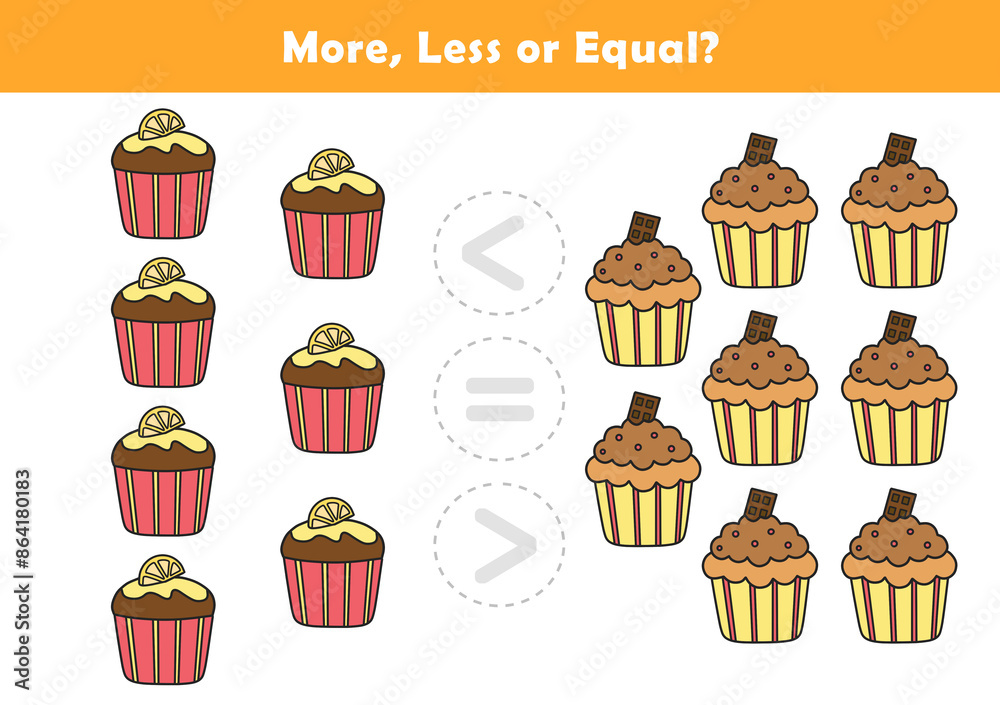 Comparison Worksheet with Cute Cartoon Cupcakes for Kids. Counting ...
