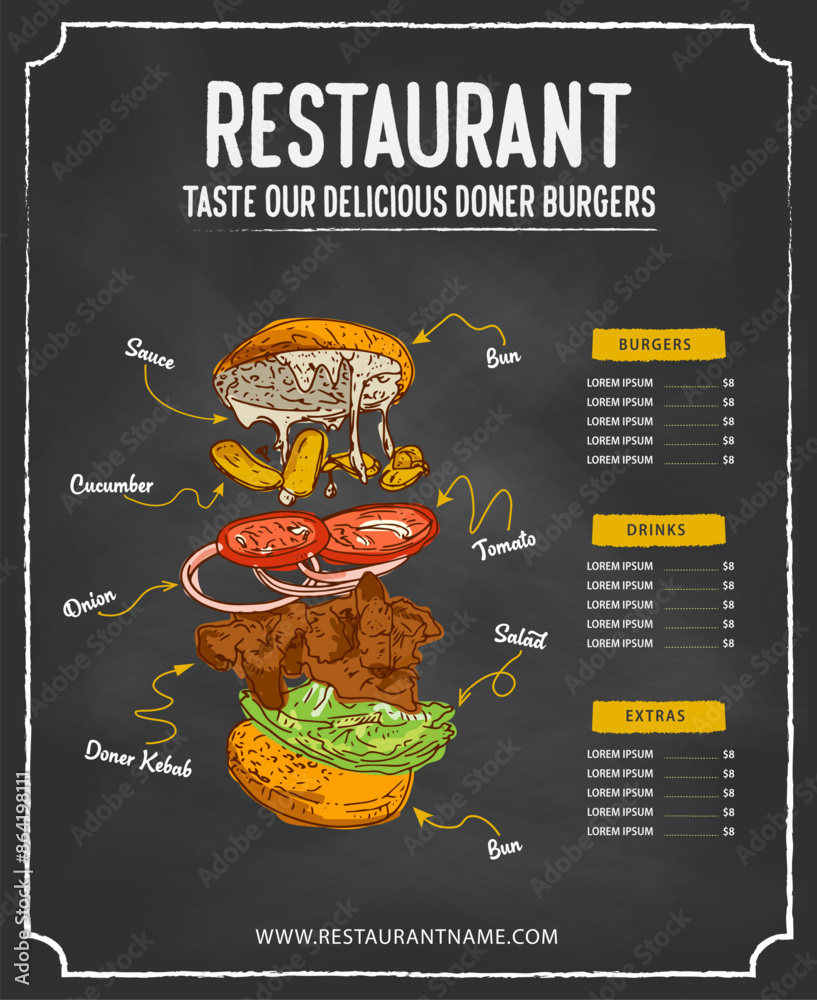 Doner burger menu. Hand drawn vector illustration. Making doner kebab ...