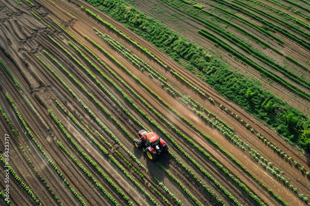 sprawling agricultural farm with fields of crops, tractors, and ...