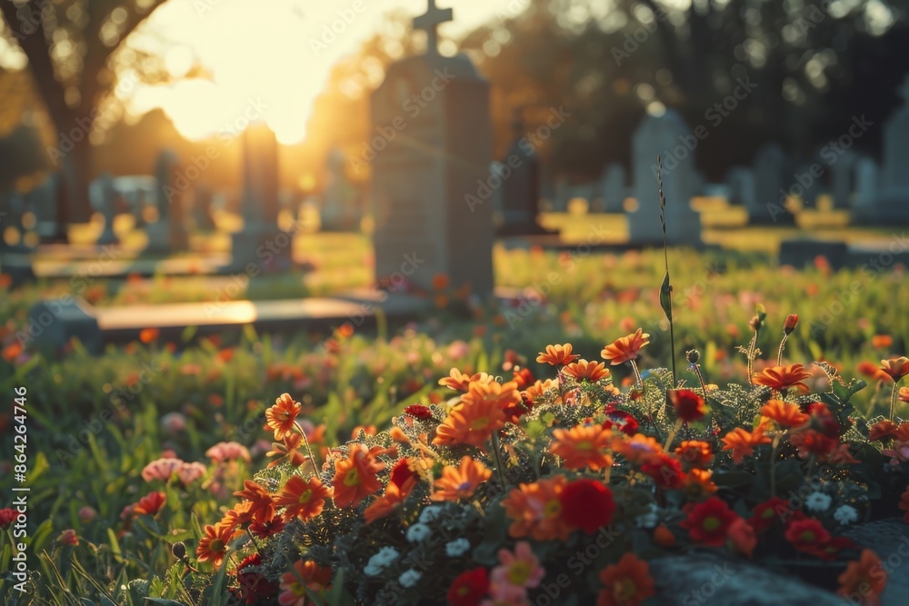 Memorial Day Cemetery Scene with Colorful Flowers and Visitors Stock ...