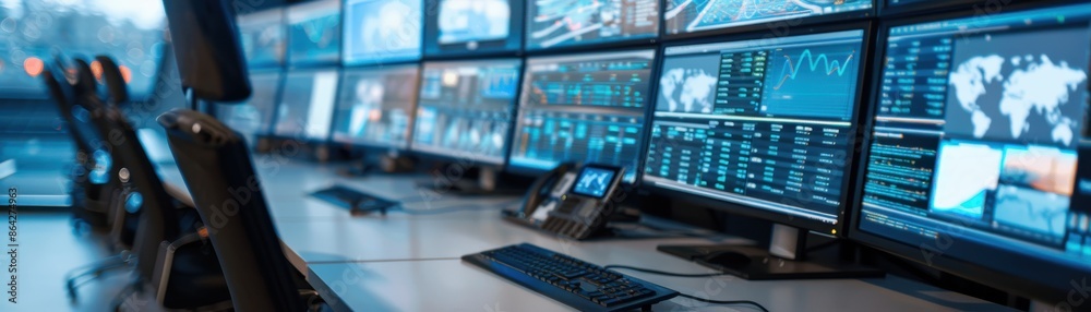 Modern control room with multiple monitors displaying various data and world maps, showcasing ...
