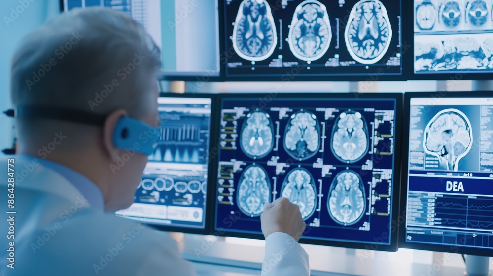 Neurologist reviewing brain MRI scans with a patient Stock Photo ...
