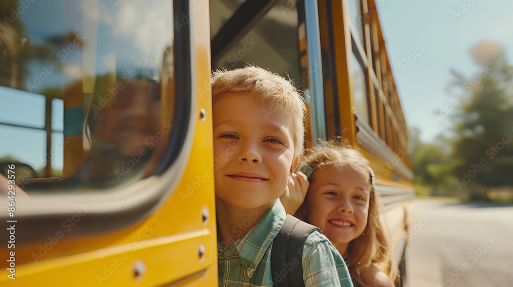 School Bus Ride - Children boarding a bright yellow school bus, back to ...