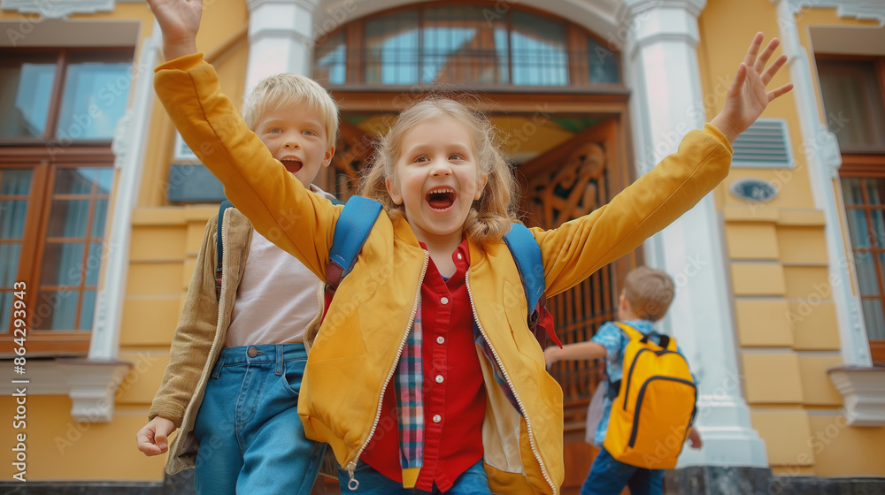 First Day Excitement - Kids excitedly entering the school building on ...