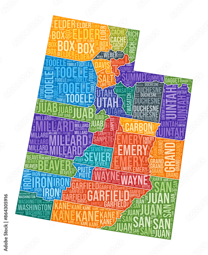 Utah state shape with a word cloud featuring county names and divisions ...