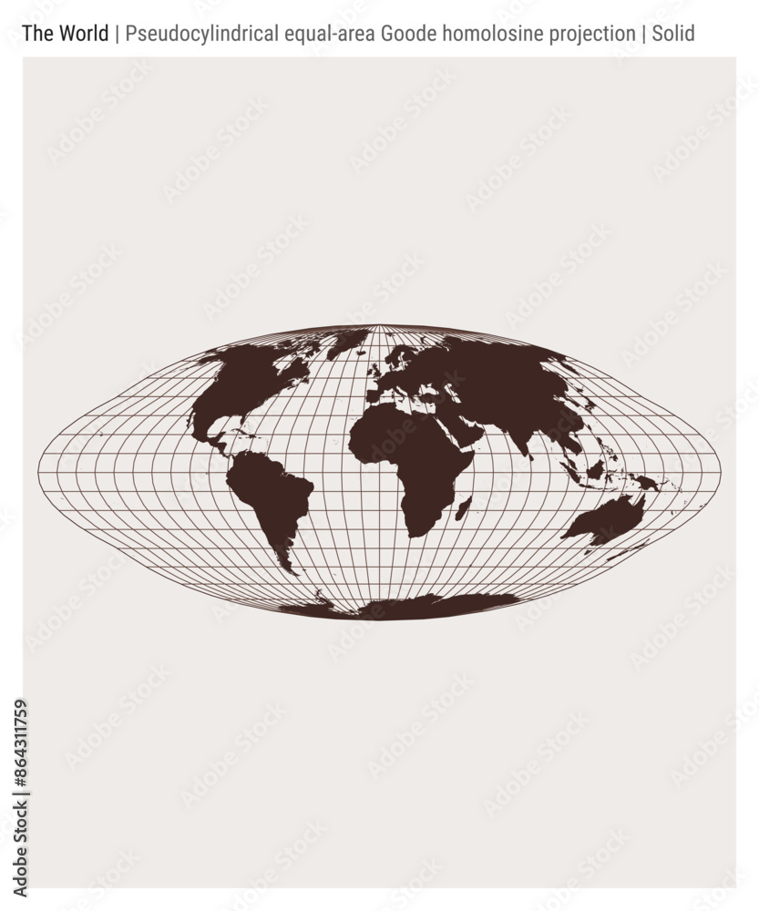 World map. Pseudocylindrical equal-area Goode homolosine projection ...