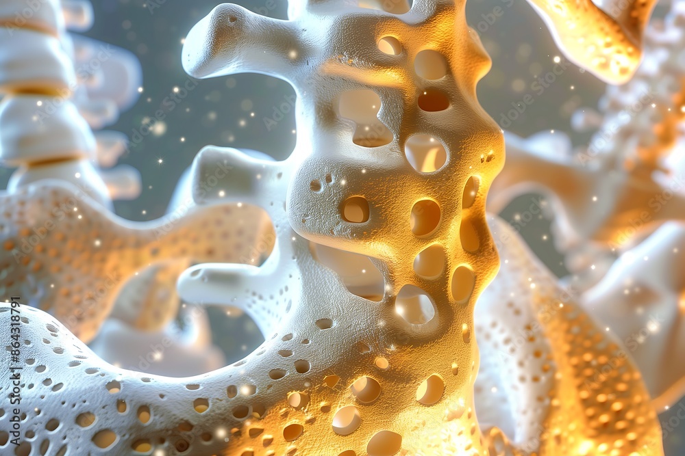 Detailed close-up of osteoporotic bone structure showing porous texture medical illustration ...