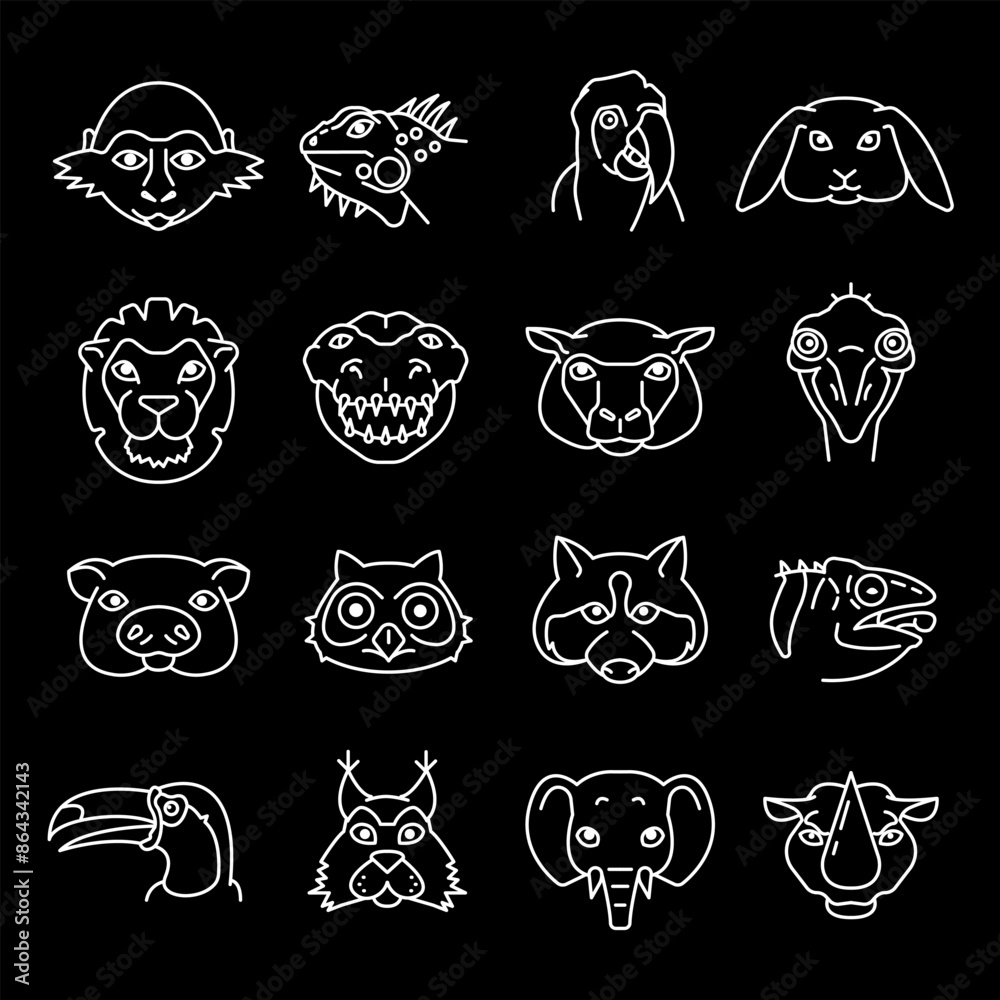 Zoo animals, white line icons. Various animals found in zoos ...