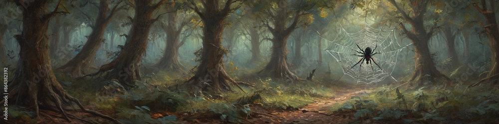 A surreal scene of a giant spider weaving its web in an enchanted ...