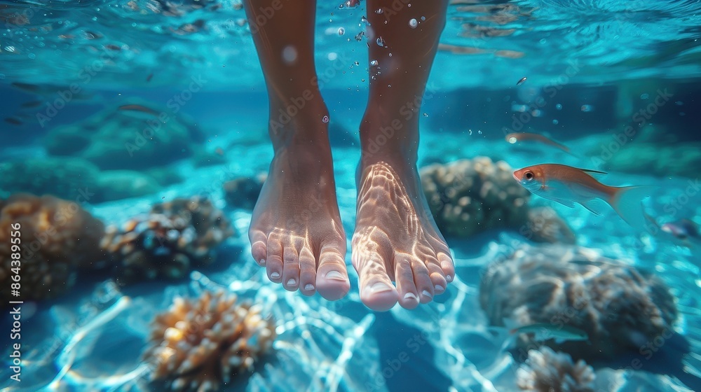An underwater scene showing a pair of feet surrounded by fish in a ...