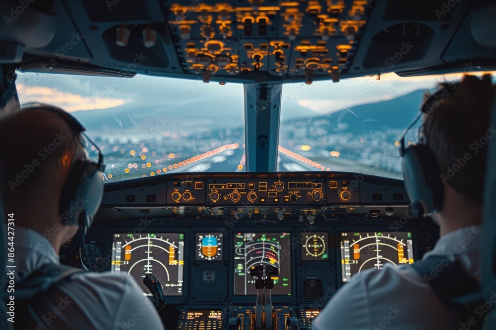 Airplane Cockpit with Pilots at Night Stock Illustration | Adobe Stock
