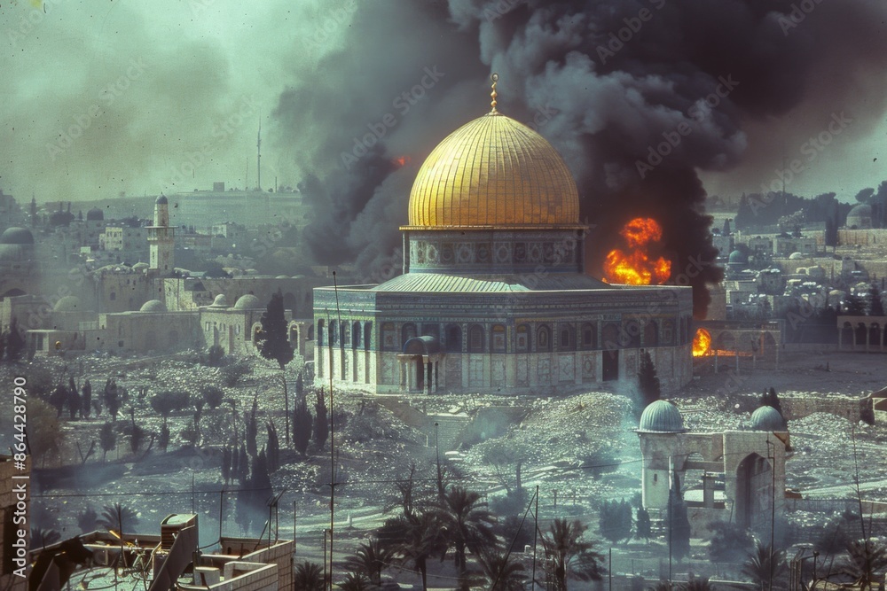 Jerusalem Conflict Dome of the Rock on Fire Stock Illustration | Adobe ...