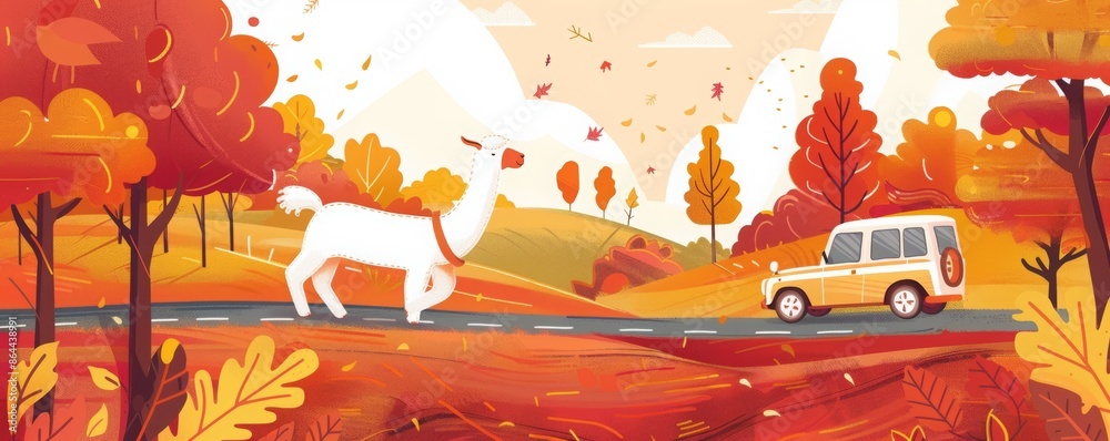 Alpaca on a Fall Road Trip: Cute Illustration of Driving Through Autumn ...
