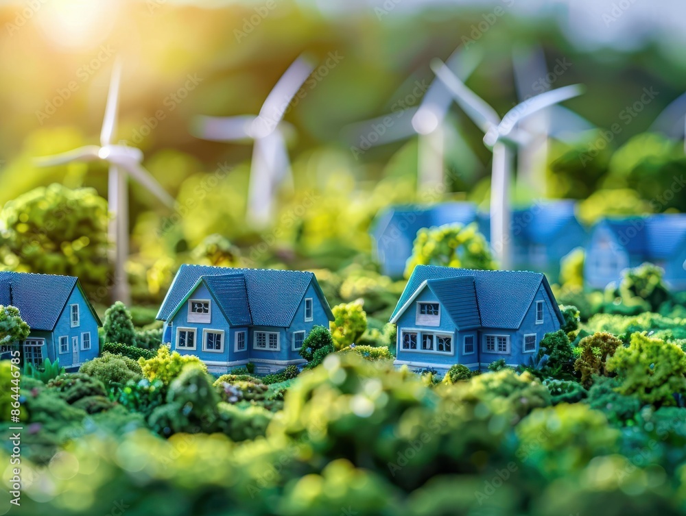 Miniature model village showcasing blue houses, lush greenery, and modern wind turbines stands ...